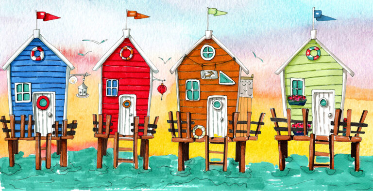 Watercolor Beach Bungalows Jigsaw Puzzle